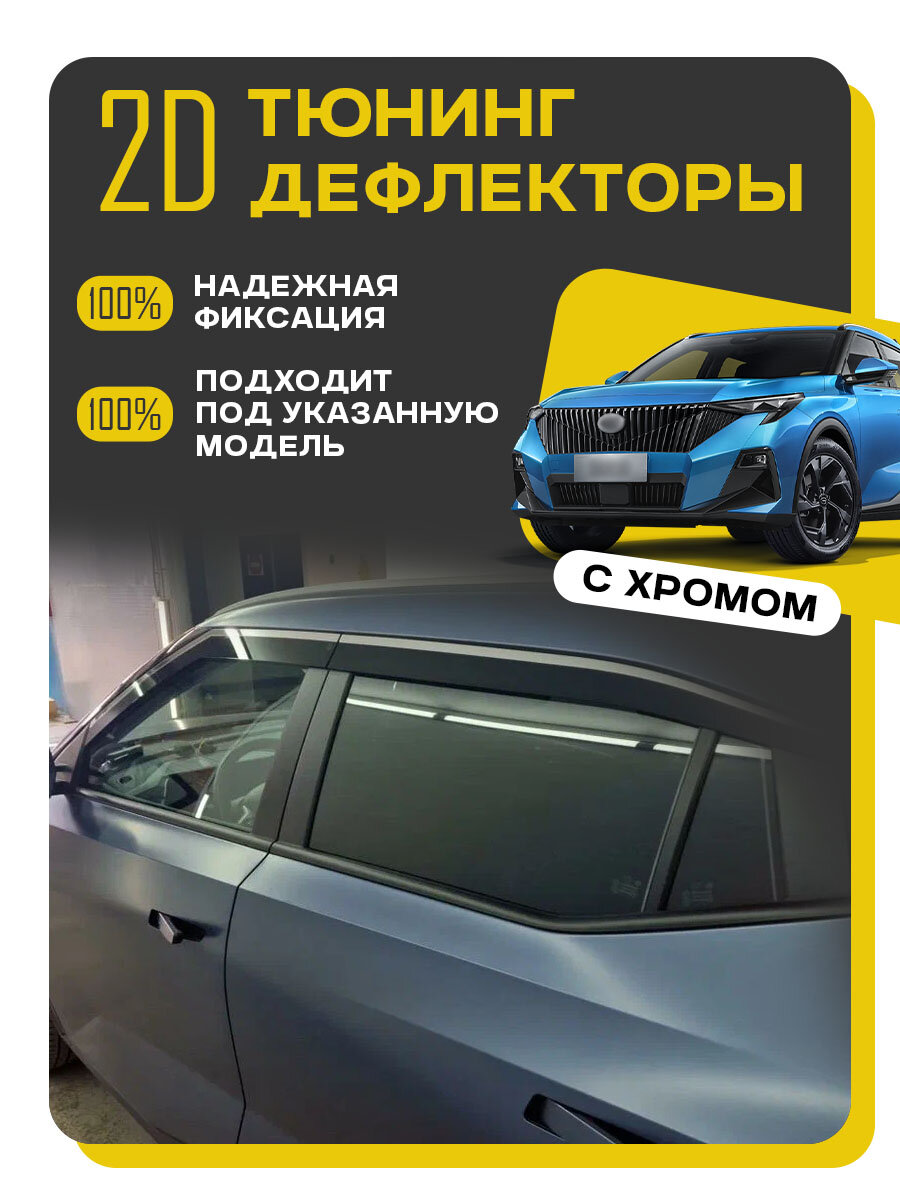 Плоские тюнинг дефлекторы с хромом для GAC GS3 (2024-н. в) 1 поколение / Ветровики на ГАК ГС3. Комплект 4 шт.