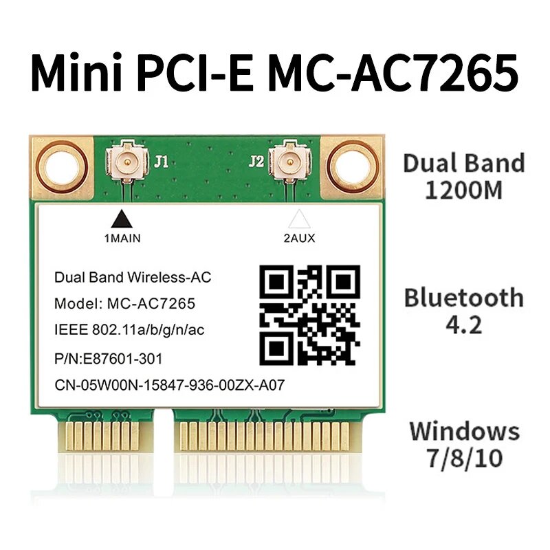 Адаптер Wi-Fi 5 1200 Мбит/с Bluetooth 4.2/4.0 AC7265 Мини-интерфейс PCI-E Двухдиапазонная беспроводная карта 2,4G 5 ГГц, WiFi 5 Bluetooth 4.2