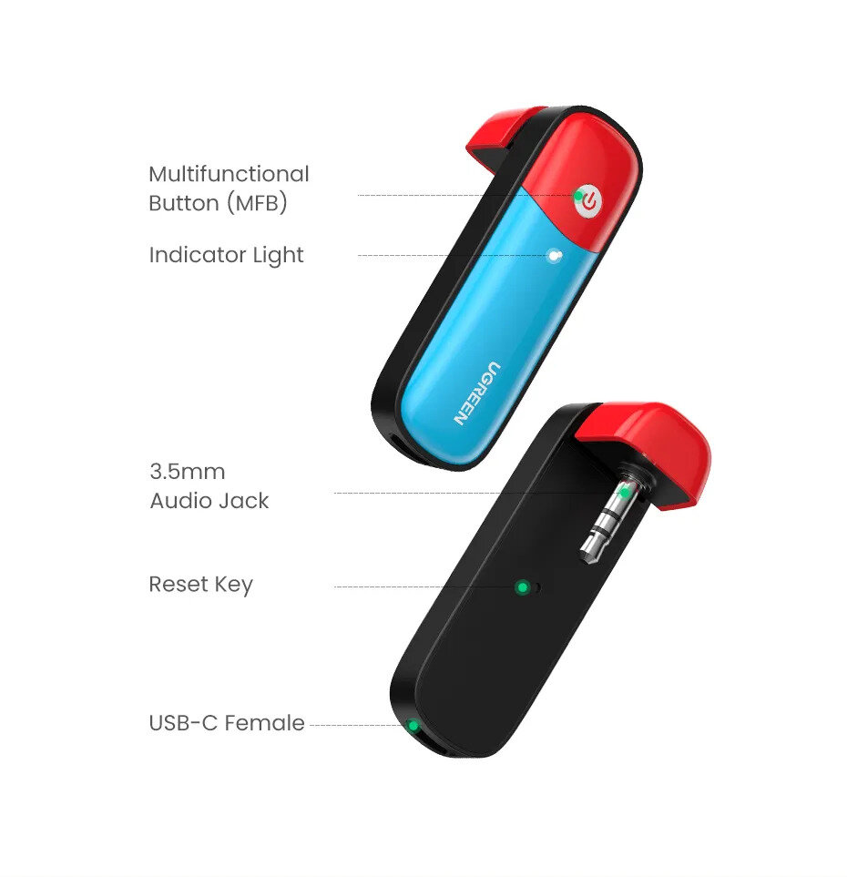 Адаптер Bluetooth 5,0 UGREEN аудио jack 3,5 мм MyPads для Nintendo Switch