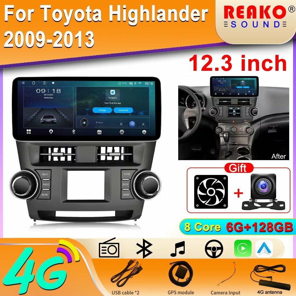 Магнитола для Toyota Highlander 2009-2013 , с камерой заднего вида. 2k экран 12.3 дюймов, Wifi 2din с сенсорным экраном, usb и блютузом.