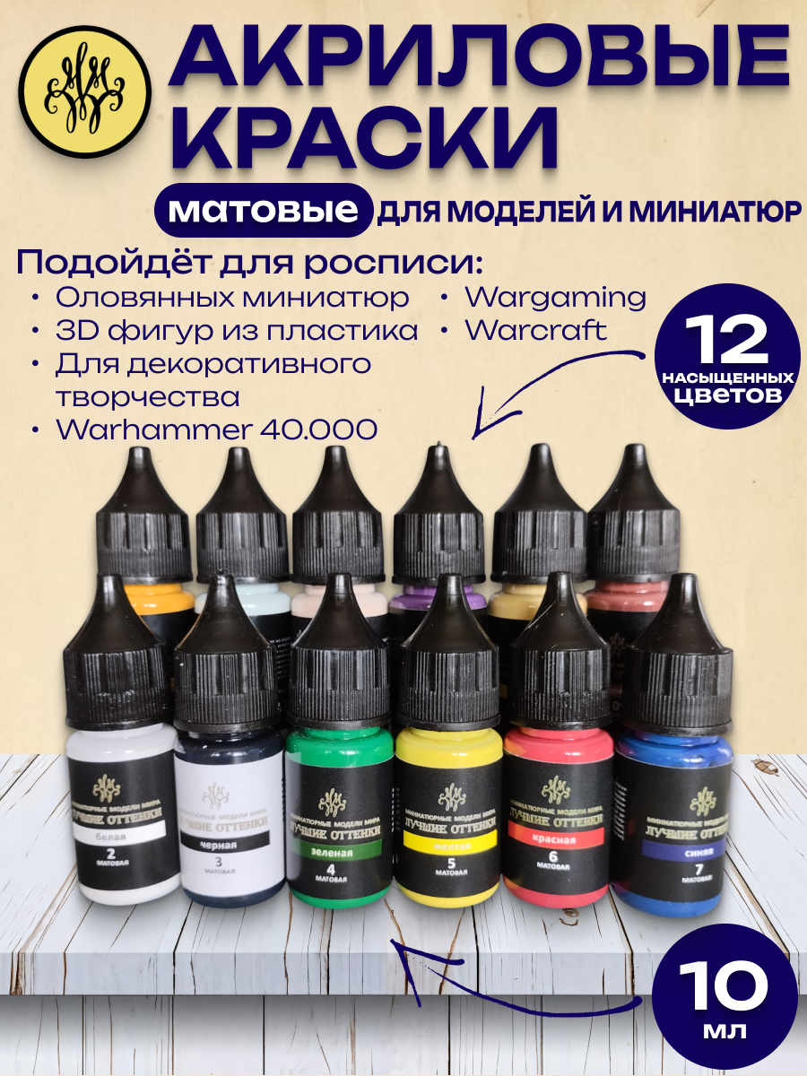 Акриловые матовые краски для моделизма, миниатюр, фигурок, 12 цветов по 10 мл+грунт, кисть/аэрограф, Warhammer, DND