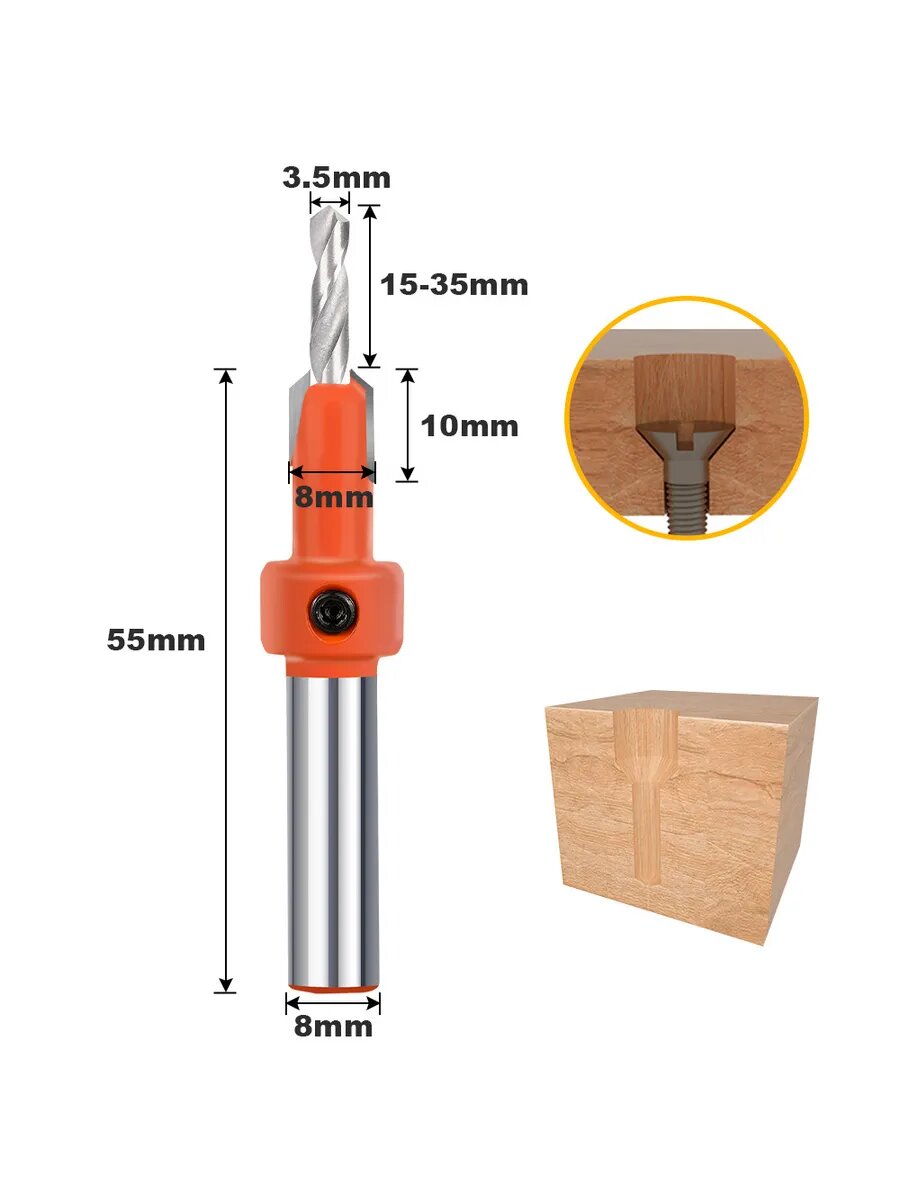 Сверл с зенковкой по дереву XCAN 8х3,5х(15-35)х55мм, HSS, сверло с зенкером/свело пилотное, для древесины