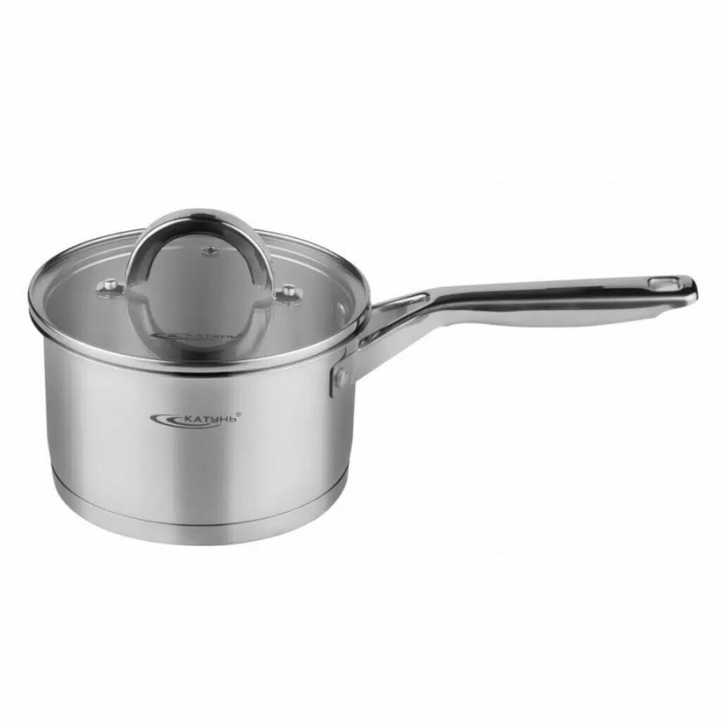 Ковш Катунь нержавеющий 1,7 л со стеклянной крышкой и ручкой из нержавеющей стали, подходит для индукции, модель "Этна"