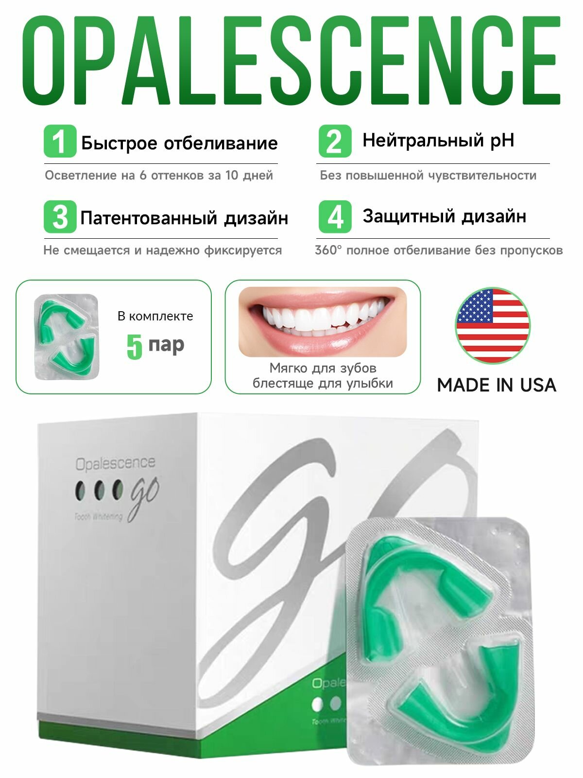 Набор для отбеливания Ultradent Opalescence Go, 5 капп, вкус мяты, 15%, США