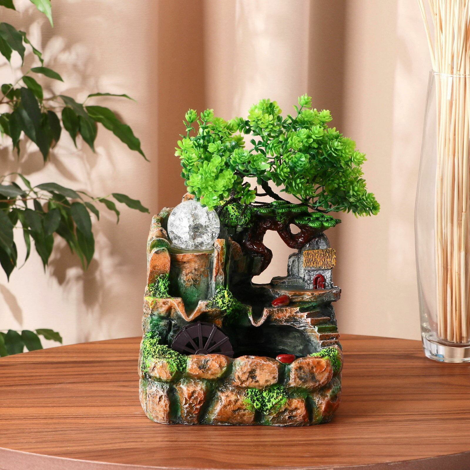 Фонтан настольный "Дерево на камнях, домик с лестницей", 14x19x20 см, подсветкой