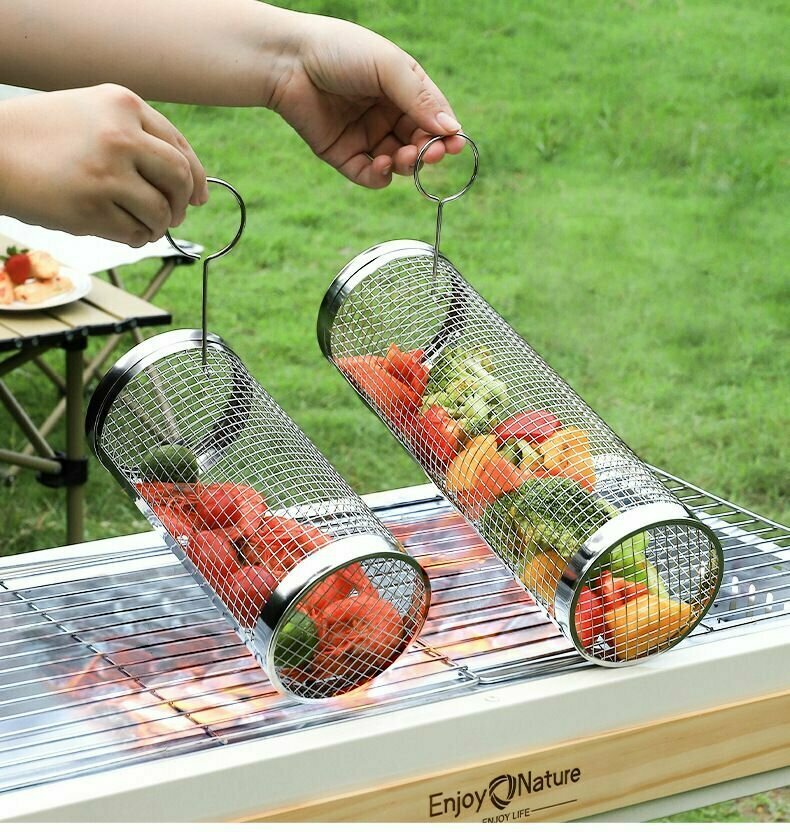 Круглый гриль из нержавеющей стали 4 шт BBQ Коптильная клетка Переносная вращающаяся барбекю ZH