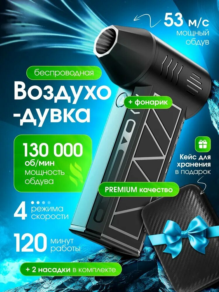 Воздуходувка, портативная, аккумуляторная, сухая уборка, чёрная, матовая, чехол