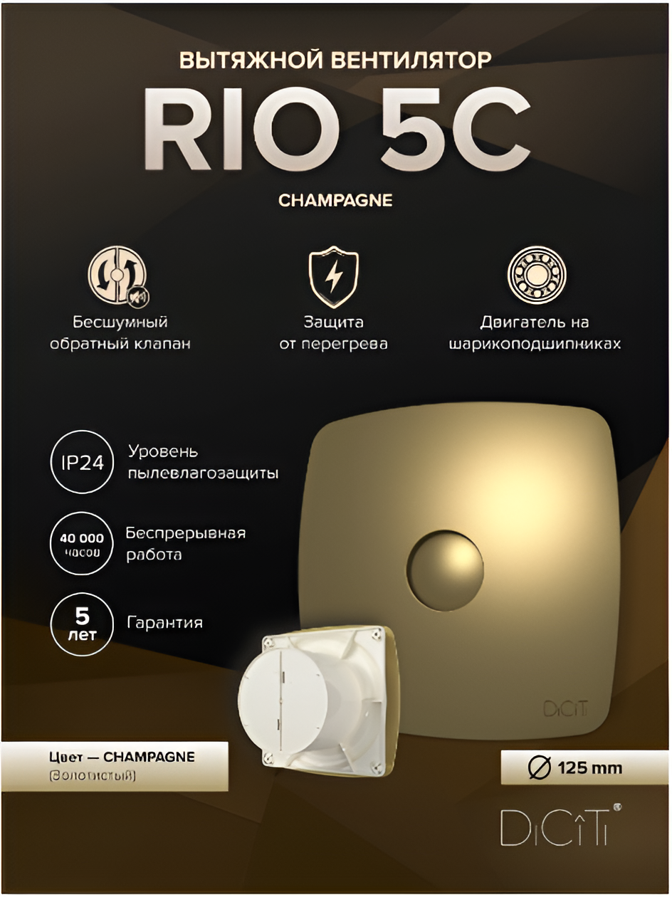 Вентилятор накладной RIO D125 обратный клапан Champagne DICITI, золотистый