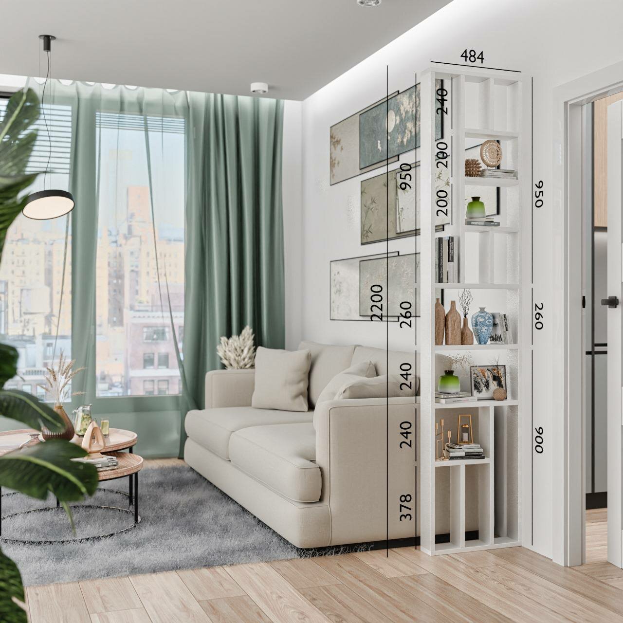 Перегородка для зонирования с полками 484 мм, белая 22х100 мм