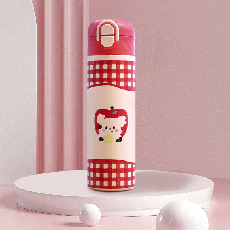 Cute puppy cat floral grid star printed stainless steel insulated cup for outdoor and commuting use red