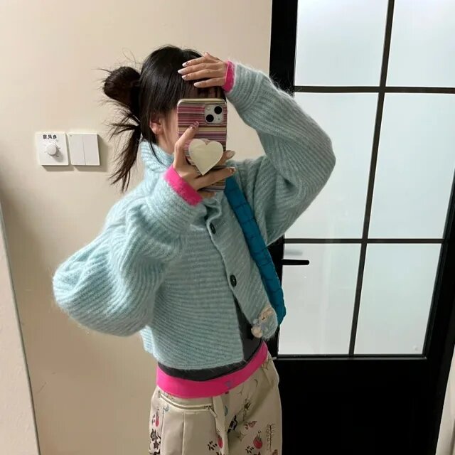 Серый полосатый женский свитер Deeptowm Y2K, винтажная водолазка, корейский модный вязаный кардиган с пуговицами в стиле Харадзюку, осенний свободный кардиган с надписью «Старые деньги»