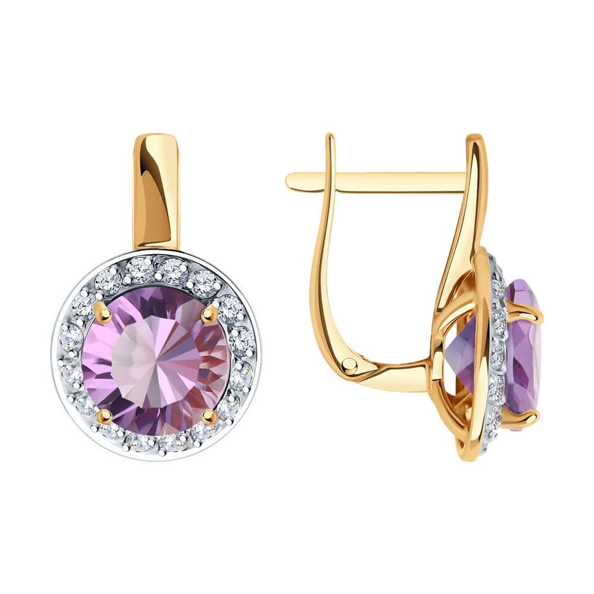 Серьги, красное золото, 585 проба, фианит, аметист