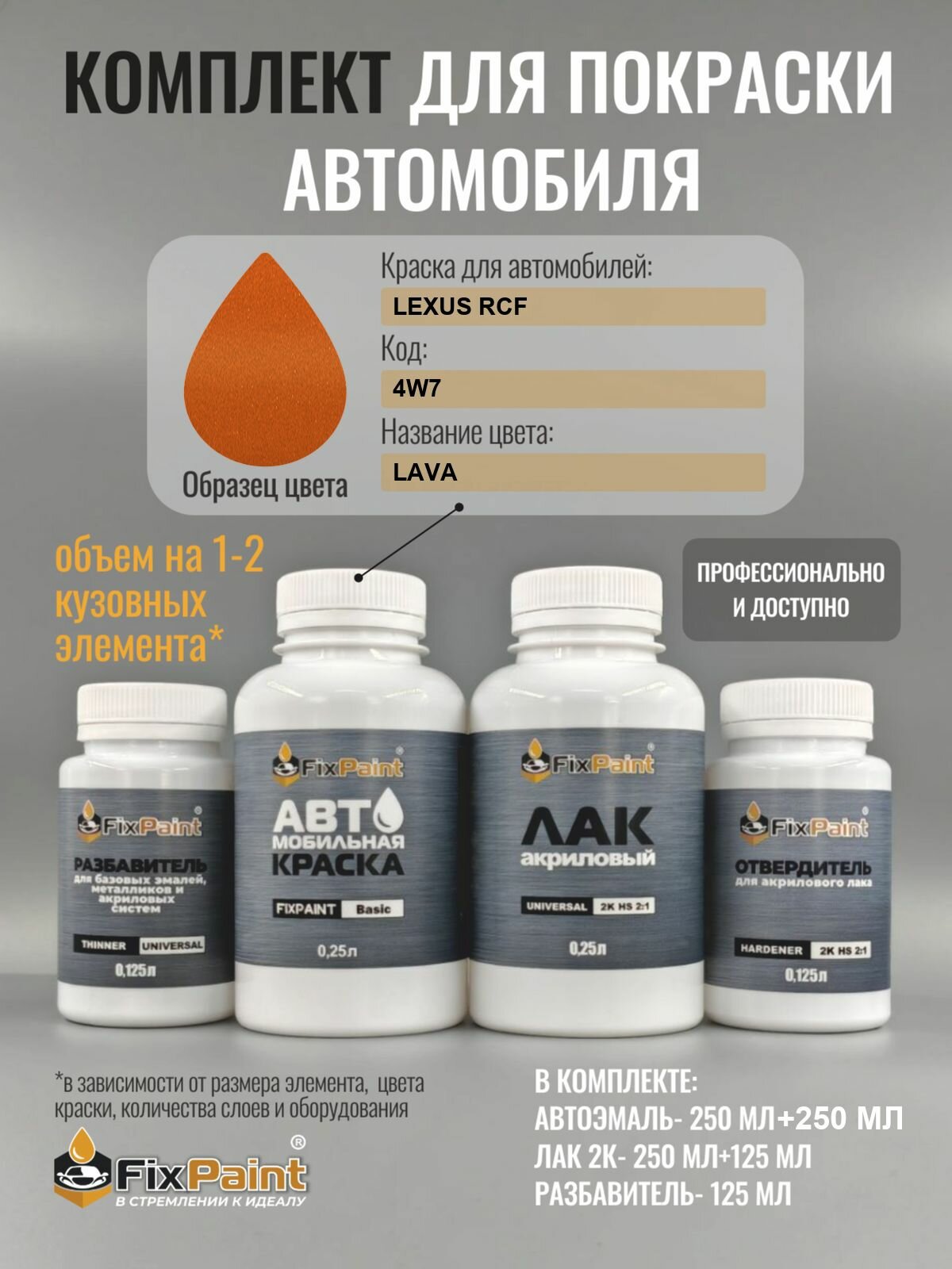 Комплект для покраски LEXUS RCF, код 4W7, Трехслойная ORANGE, базовая автомобильная краска 500 мл, лак 2K 250 мл с отвердителем, разбавитель 125 мл, FixPaint Pro