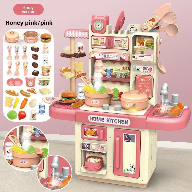 Realistic plastic kitchen play set with pretend cooking accessories for kids and family fun, pink