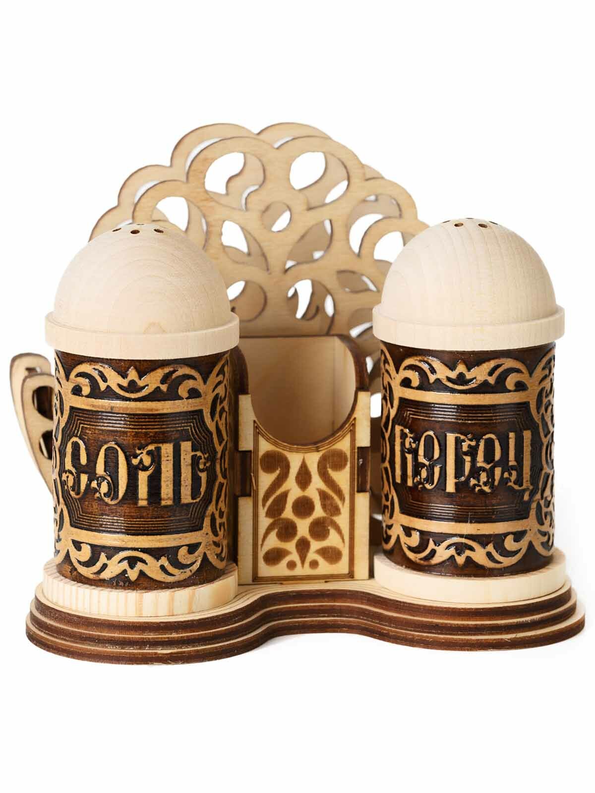 Набор для специй - Соль & Перец & Cалфетница, Береста