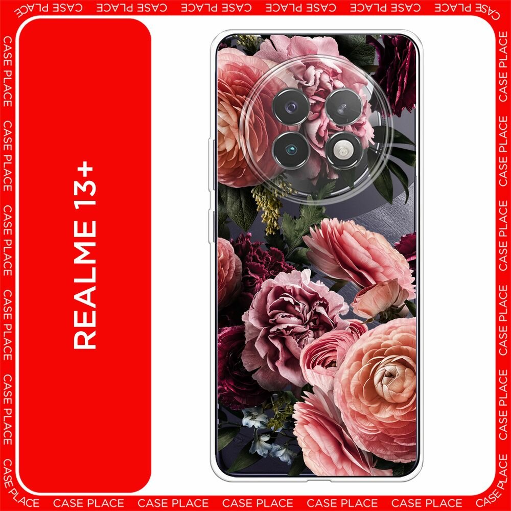 Чехол на Realme 13+ / Реалми 13+ с принтом "Бордовые винтажные цветы", прозрачный