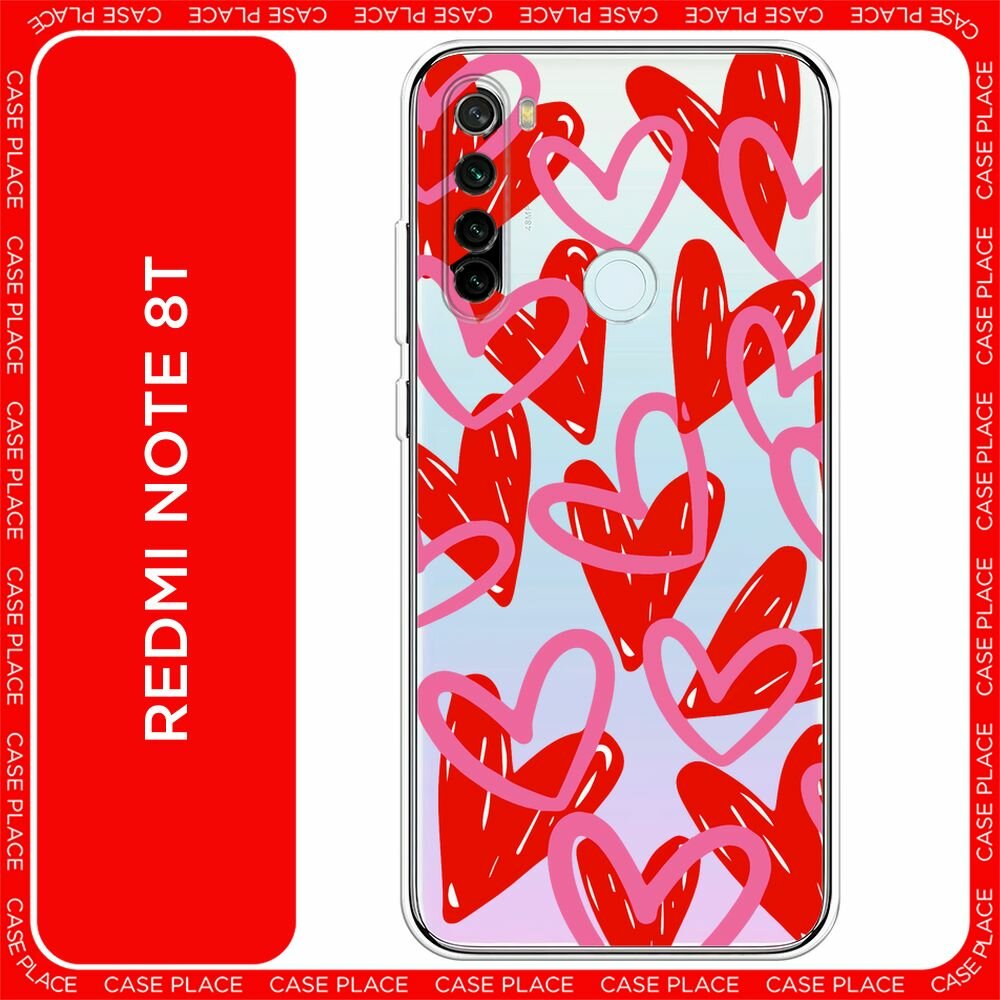 Чехол на Xiaomi Redmi Note 8T / Сяоми Редми Нот 8Т с принтом "Hearts doodles - 14 февраля", прозрачный