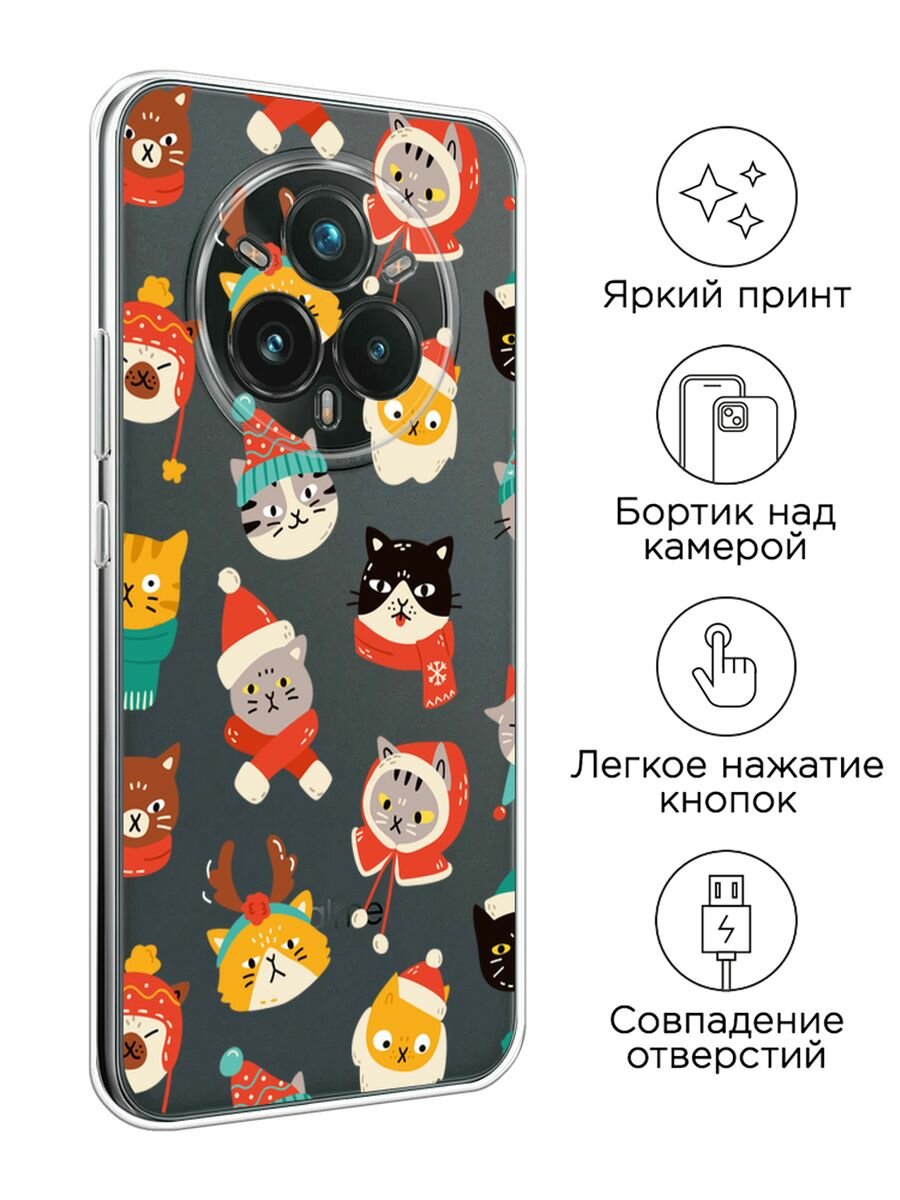 Чехол на Realme 14 Pro / Реалми 14 Про с принтом Праздничные котики, прозрачный — фото 1