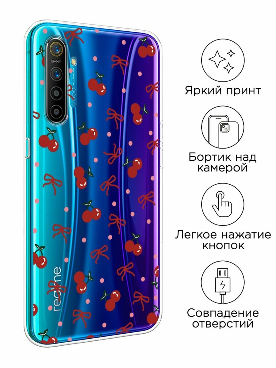 Чехол на Realme XT / Реалми XT с принтом "Вишни и ленточки", прозрачный — фото 1