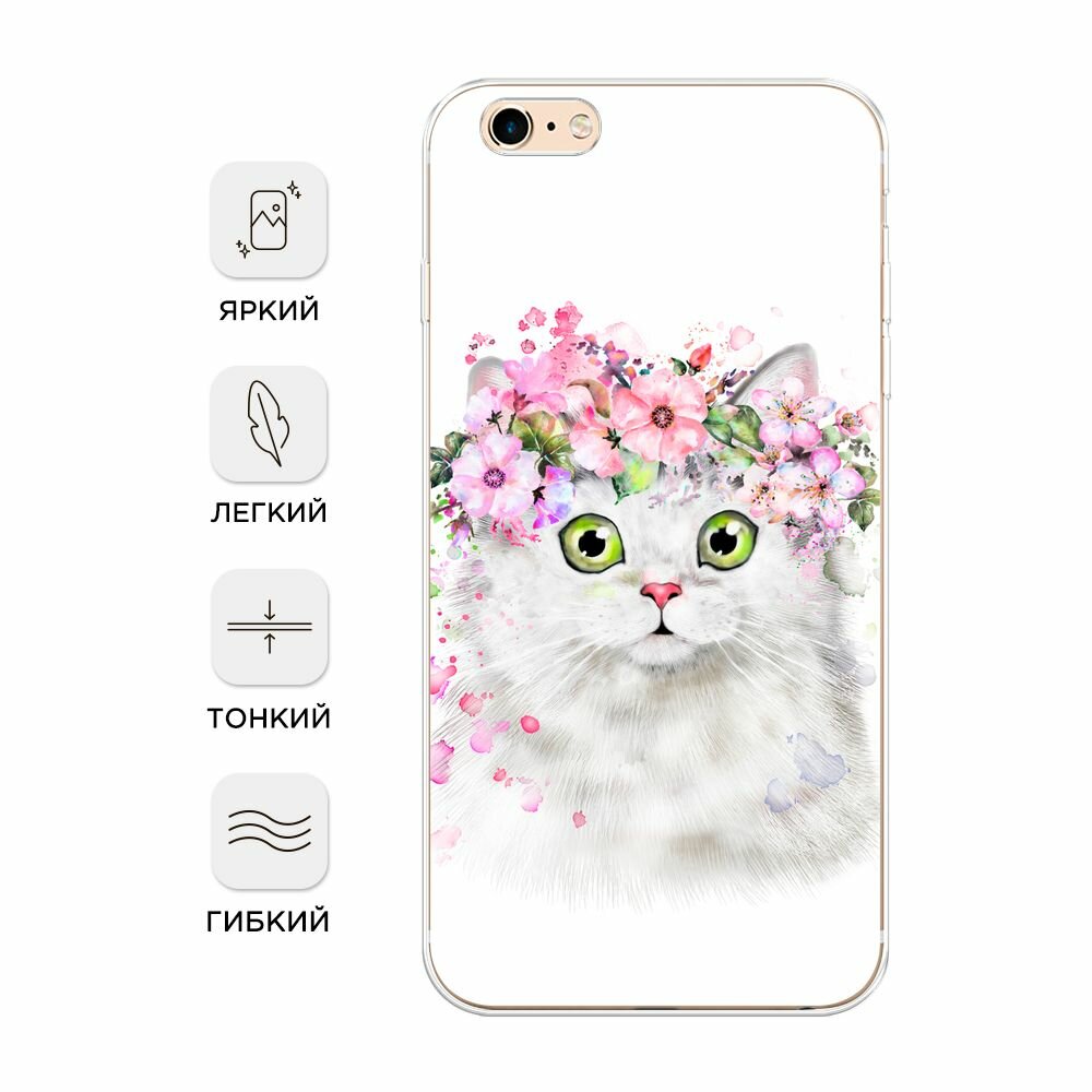 Чехол на Apple iPhone 6 Plus/6S Plus / Айфон 6 Плюс/Айфон 6С Плюс с принтом Белая кошка с цветами — фото 1