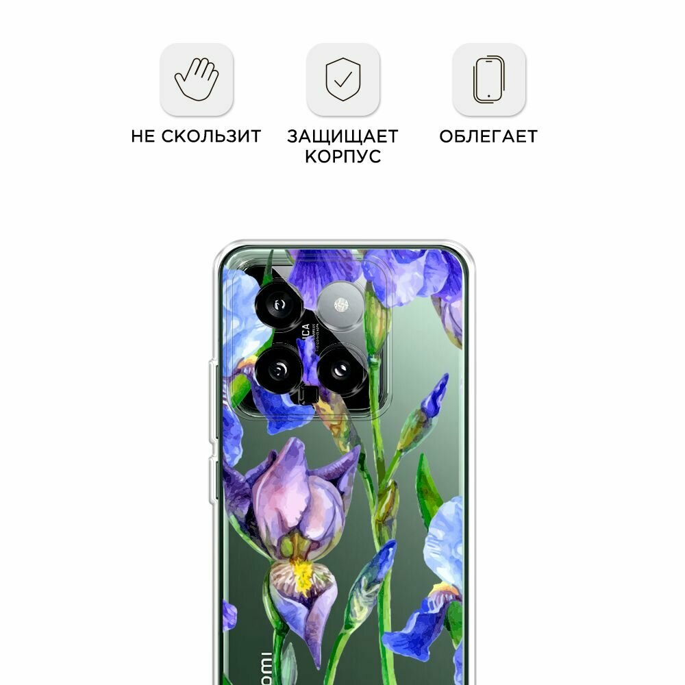 Чехол на Xiaomi 14 / Сяоми 14 с принтом "Синие ирисы", прозрачный — фото 1