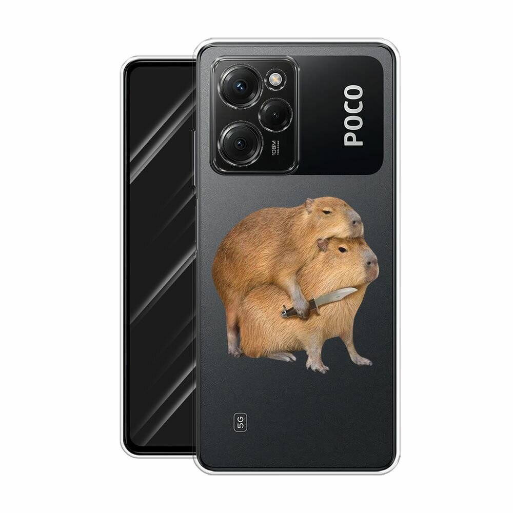 Чехол на Xiaomi Poco X5 Pro 5G / Сяоми Поко X5 Про 5G с принтом "Капибара с ножом", прозрачный — фото 1
