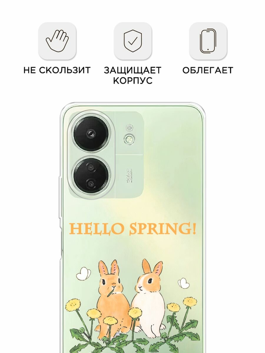 Чехол на Xiaomi Redmi 13C/Poco C65 / Сяоми Редми 13C/Поко С65 с принтом "Весенние кролики", прозрачный — фото 1