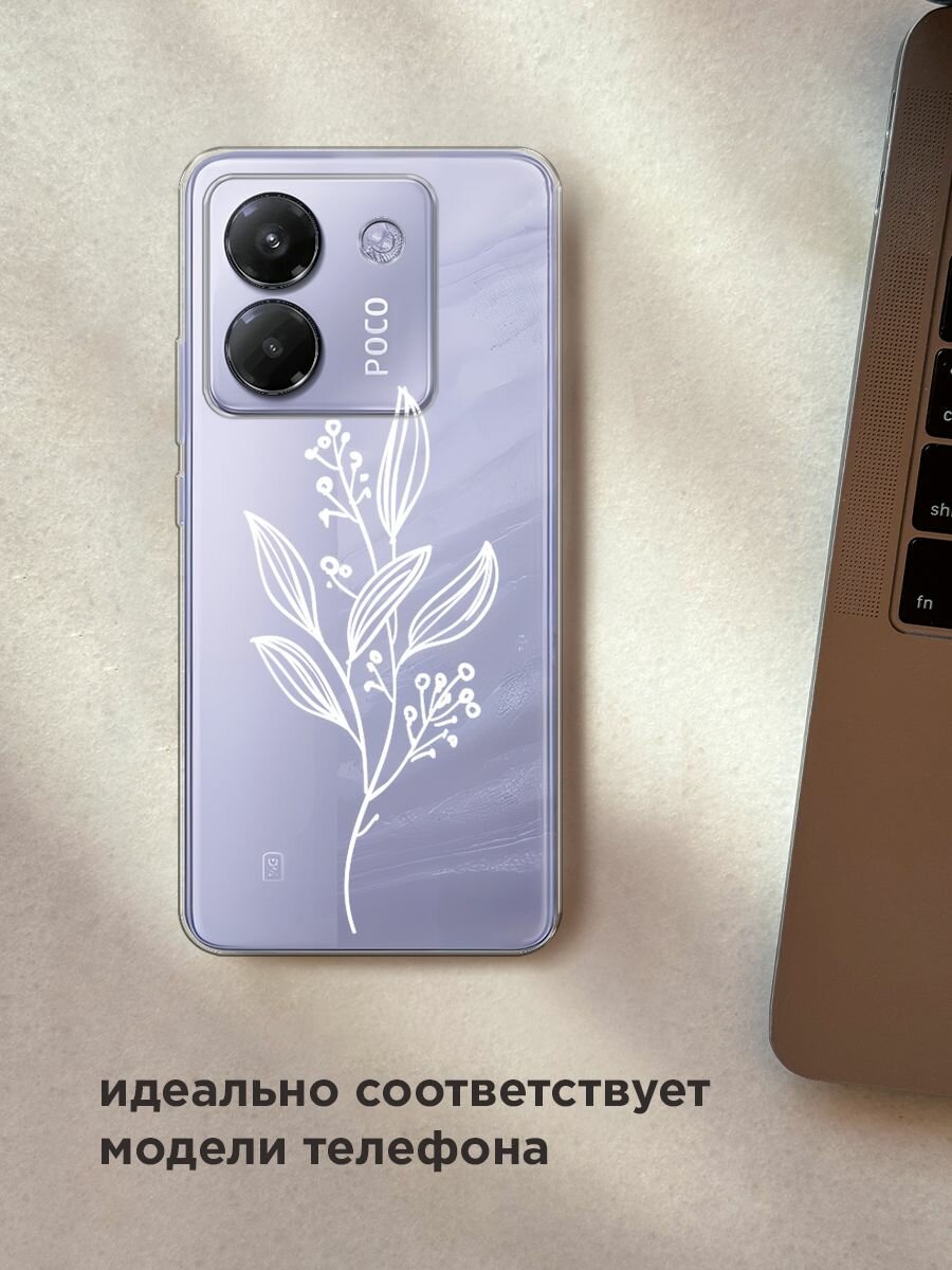 Чехол на Poco M7 Pro / Поко М7 Про с принтом "Ветка с листочками и цветами", прозрачный — фото 1