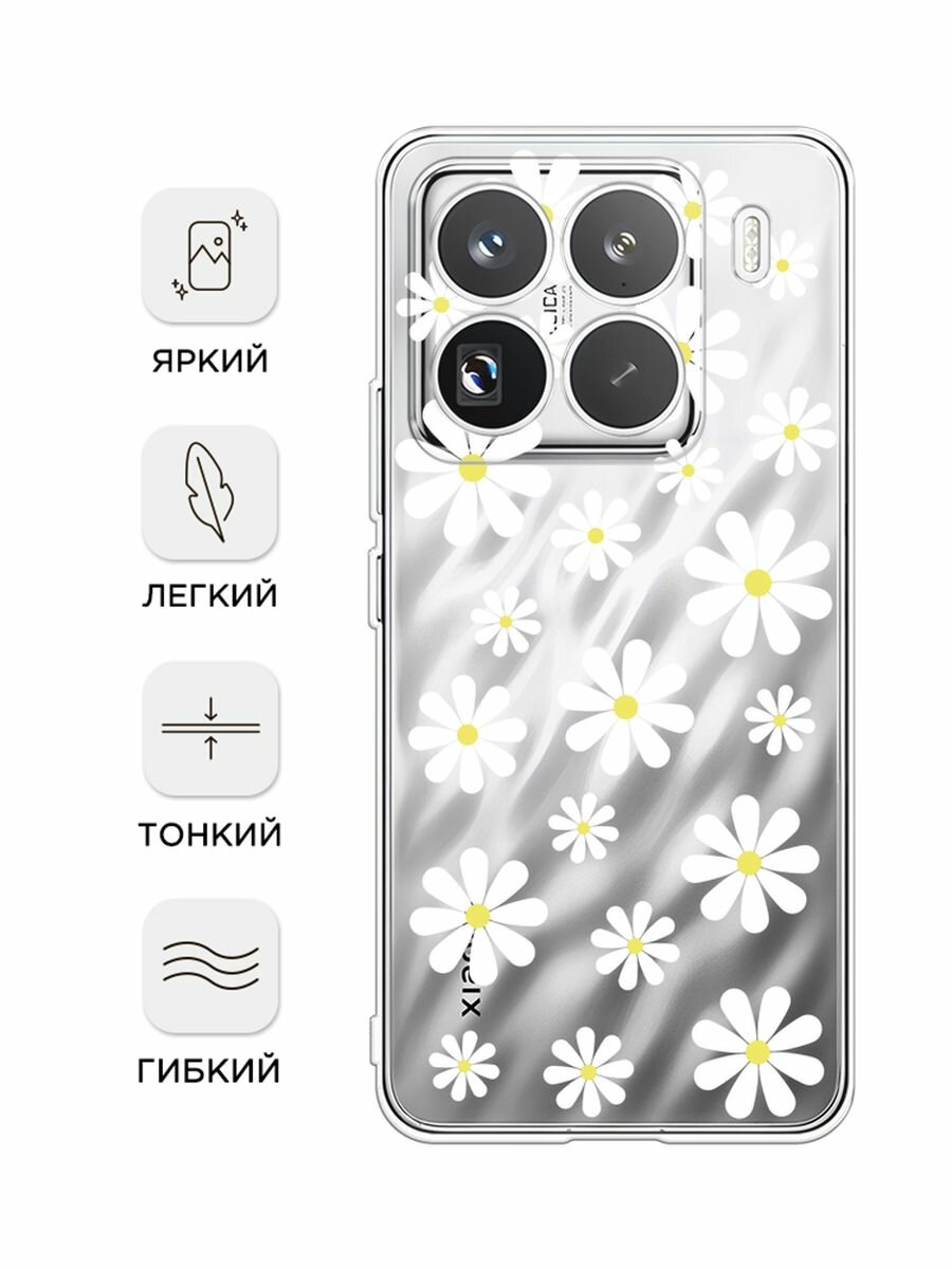 Чехол на Xiaomi 15 Pro / Сяоми 15 Про с принтом "Большие ромашки", прозрачный — фото 1
