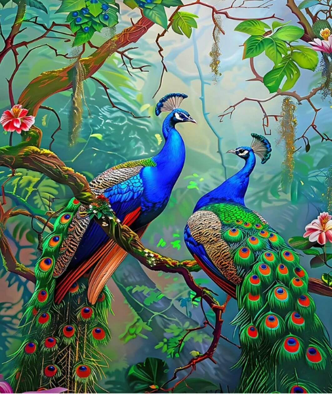 Алмазная мозаика на подрамнике 40*50 "Павлины в тропиках"