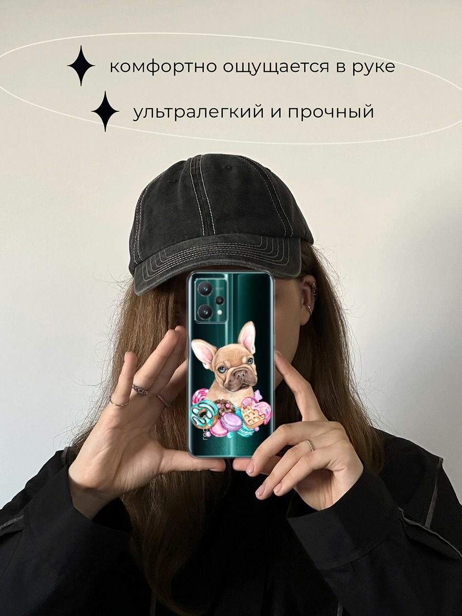 Чехол на Realme 9 Pro/9 5G / Реалми 9 Про/ 5G с принтом "Бульдог и сладости", прозрачный — фото 1