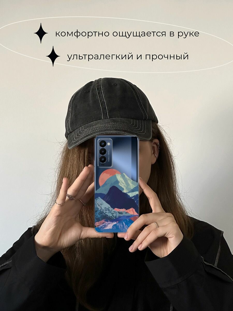 Чехол на Tecno Camon 18P / Техно Камон 18Р с принтом "Закат в снежных горах", прозрачный — фото 1