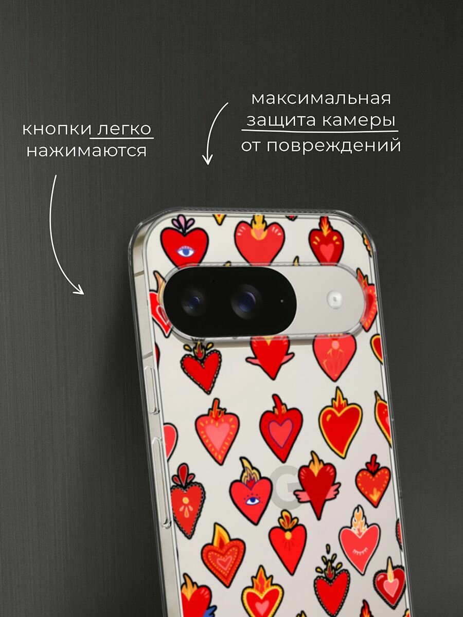 Чехол на Google Pixel 9 / Гугл Пиксель 9 с принтом "Дьявольские сердца паттерн", прозрачный — фото 1