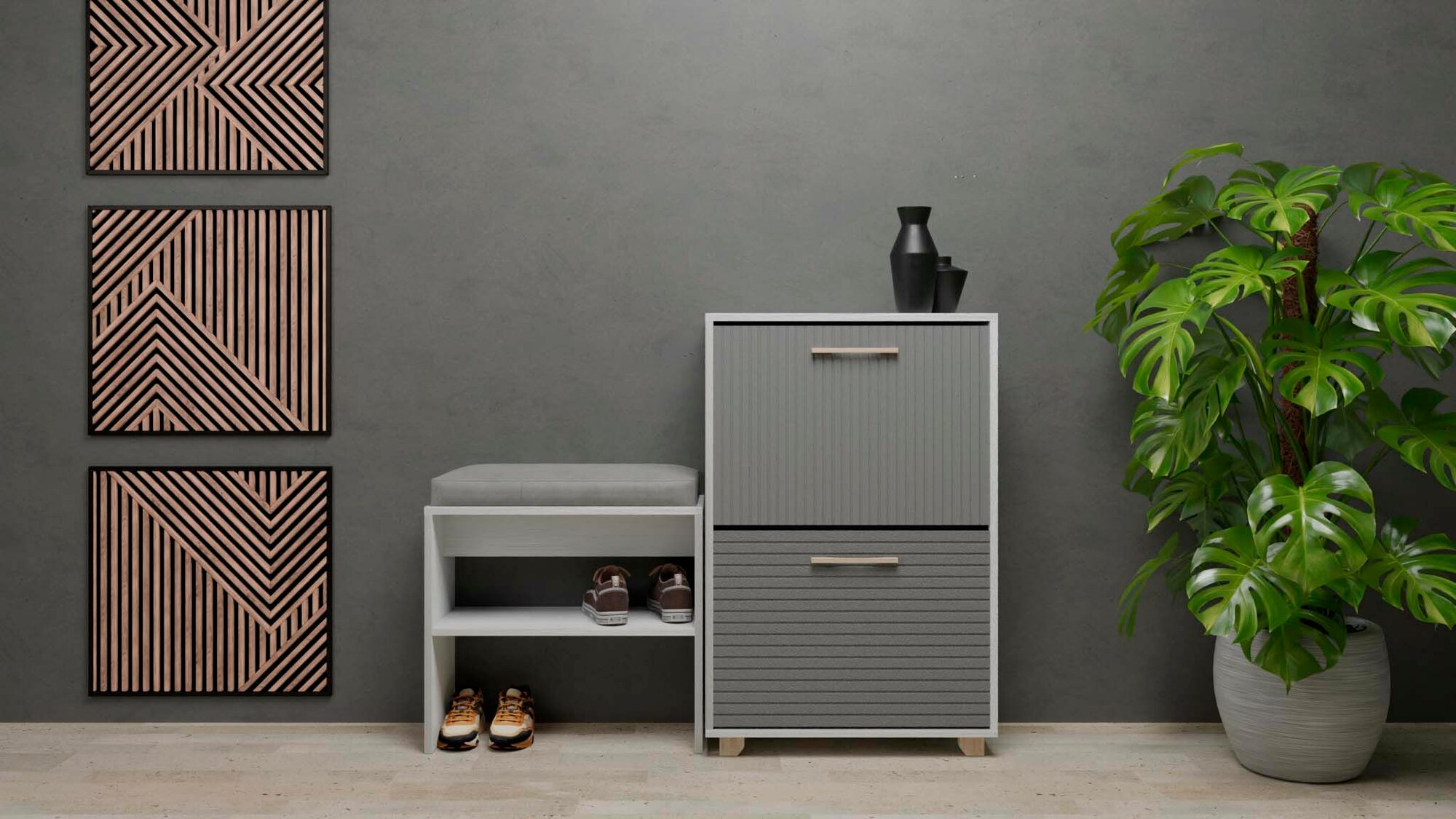 Обувница Копенгаген 2 ящика + скамья ЛДСП Белый/ МДФ Серый графит 95х60х30