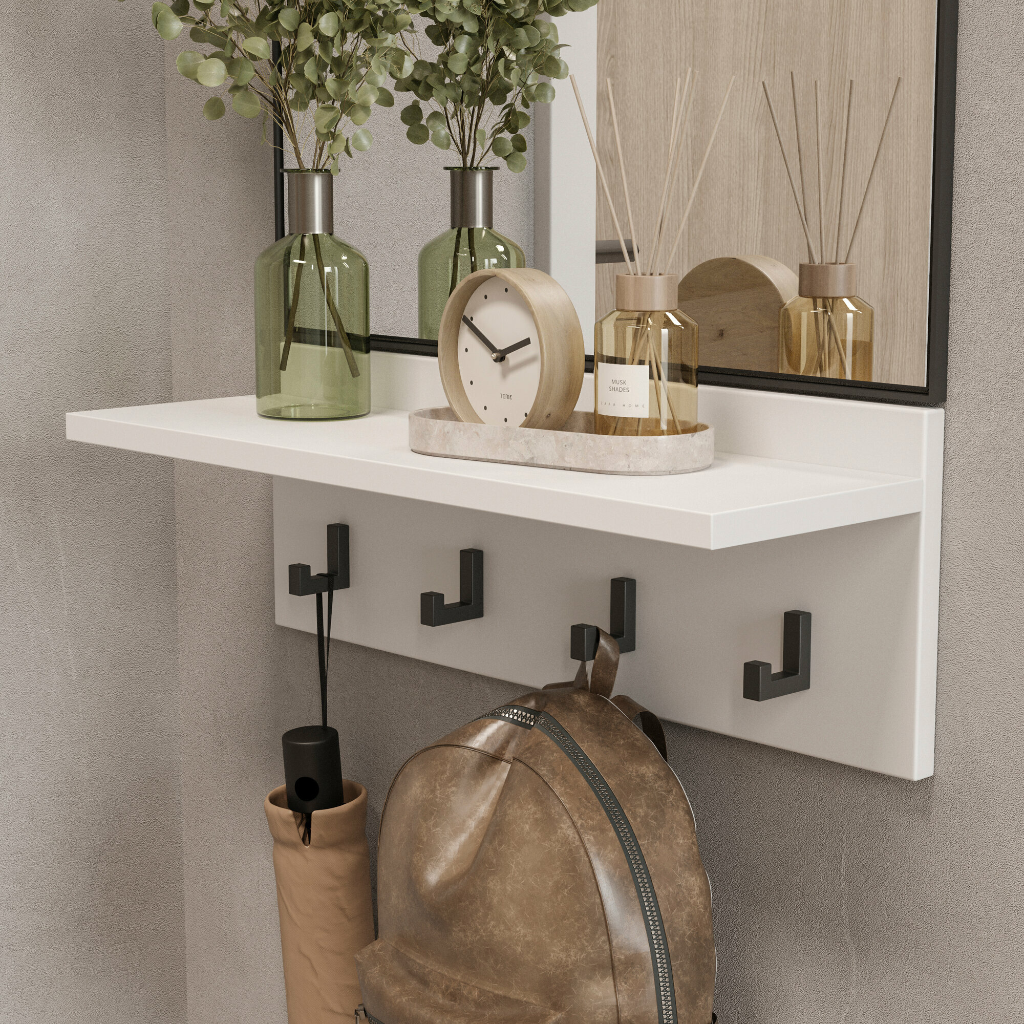 Настенная вешалка с полкой "Белая Крафт", ЛДСП, с полкой, 4 крючка, 18x50 см, Мебельно