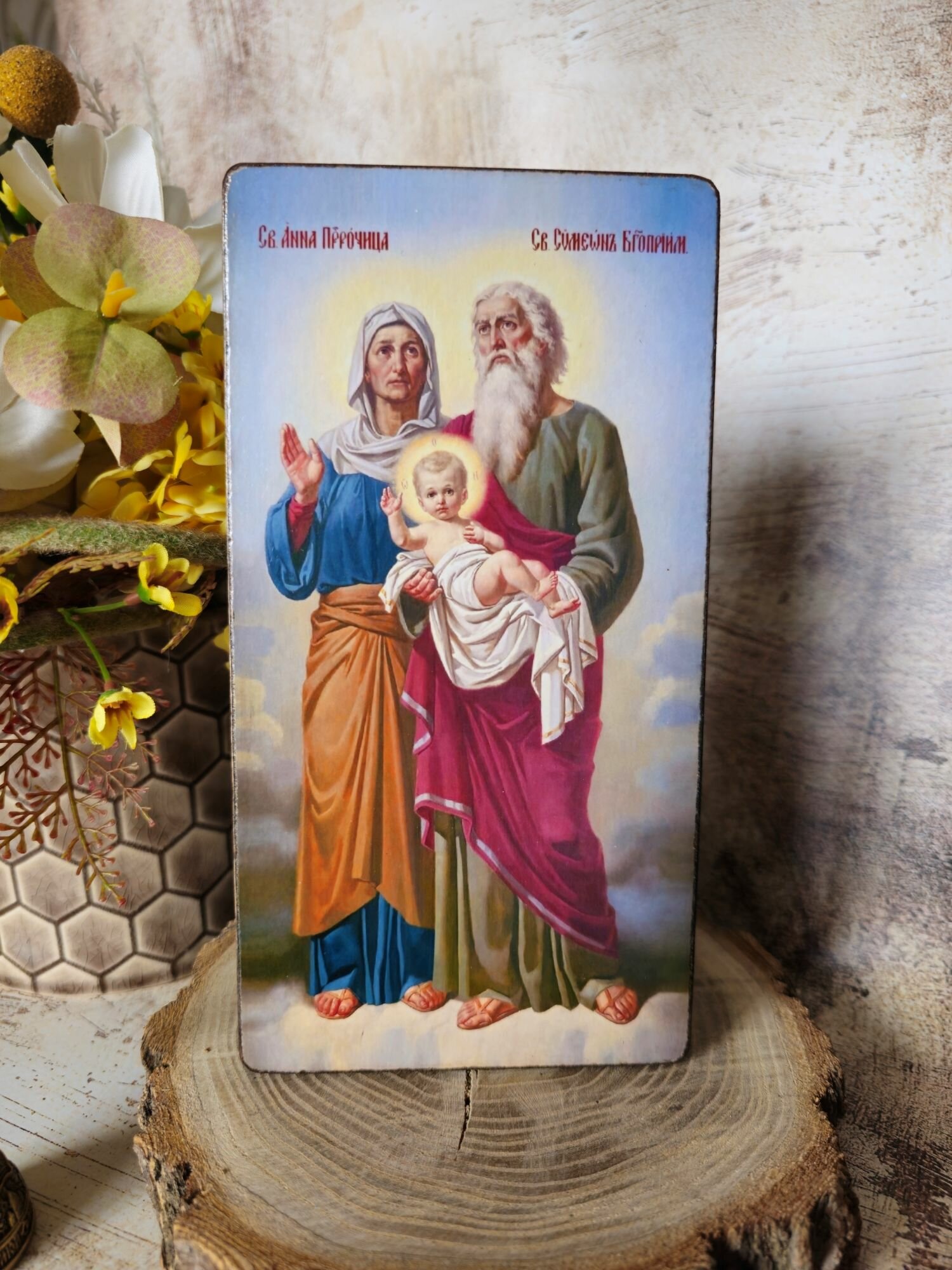 Освященная икона св. Анна пророчица и св. Симеон богоприимец, 10*19 см