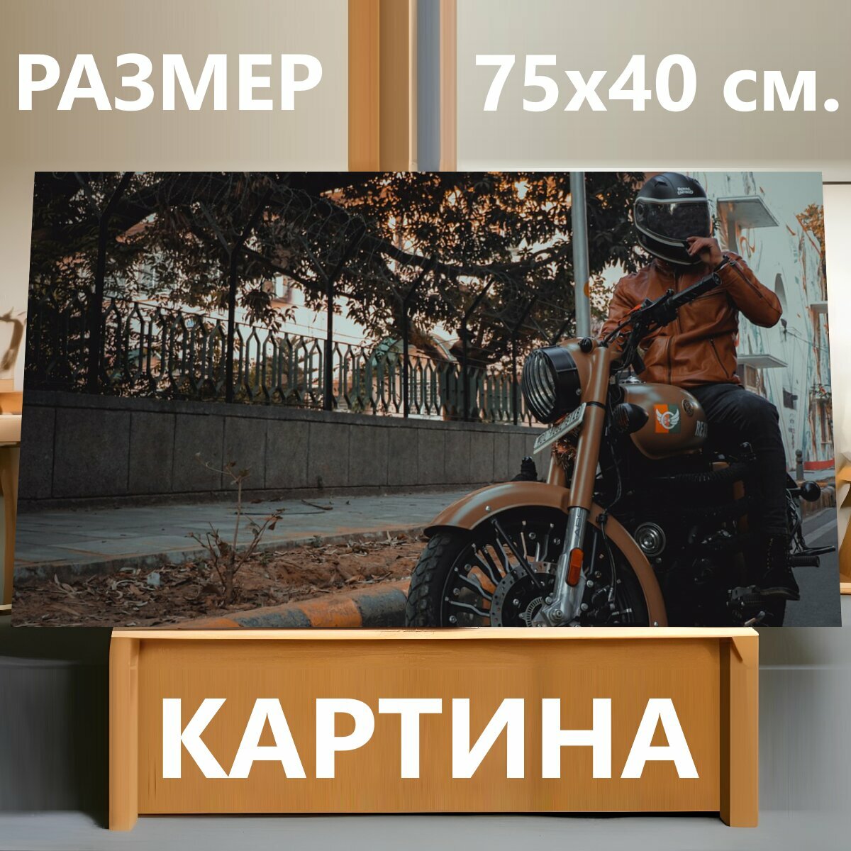 Картина на холсте "Royal enfield, классический велосипед, человек" на подрамнике 75х40 см. для интерьера