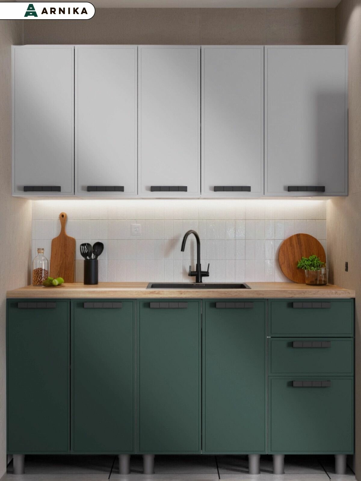ARNIKA Кухонный гарнитур 1,6м Керамика/Изумруд, скоба черный, сонома