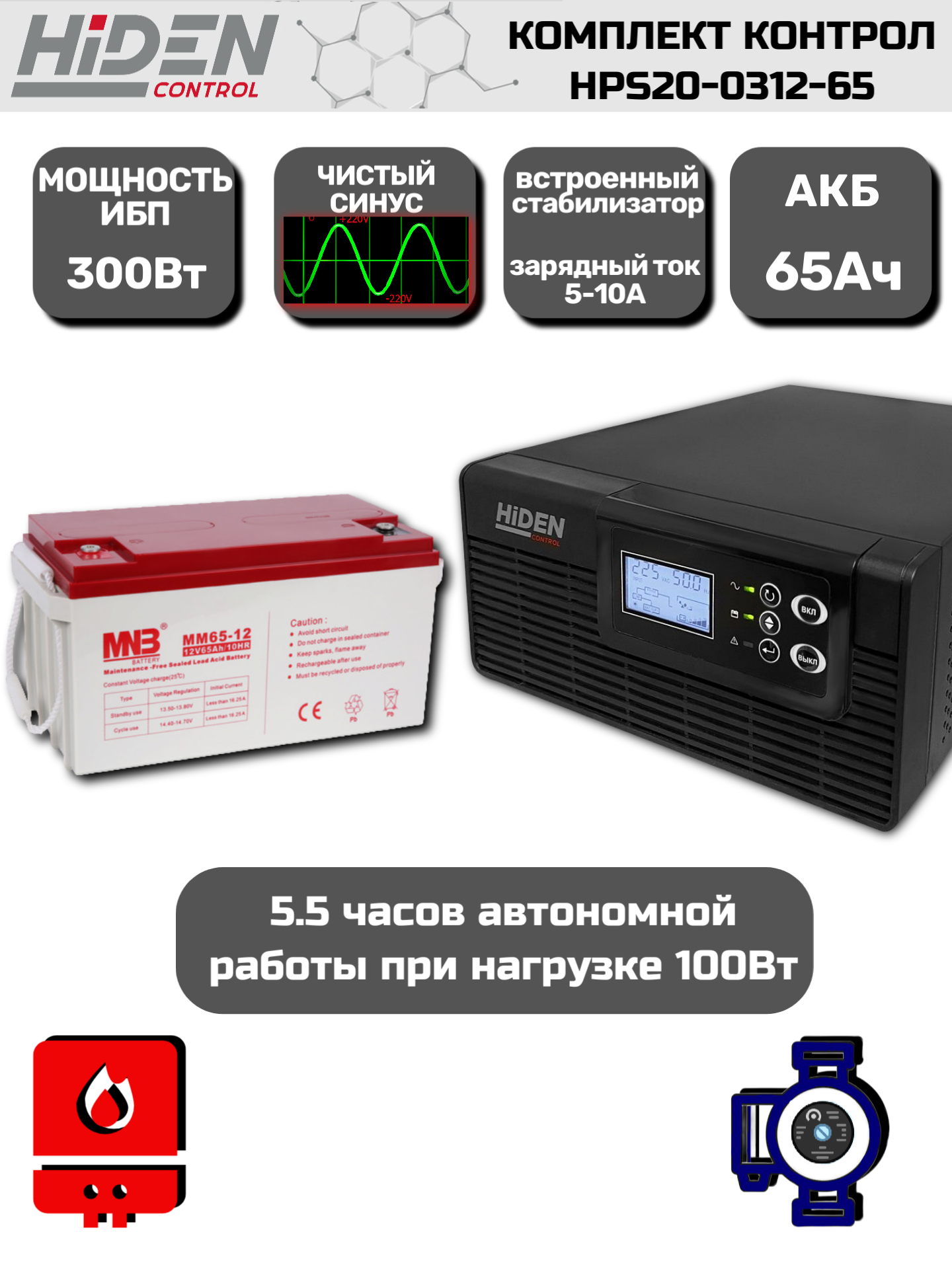 Комплект ИБП Контрол HPS20-0312-65 для газового котла и циркуляционных насосов (300Вт, 65Ач)