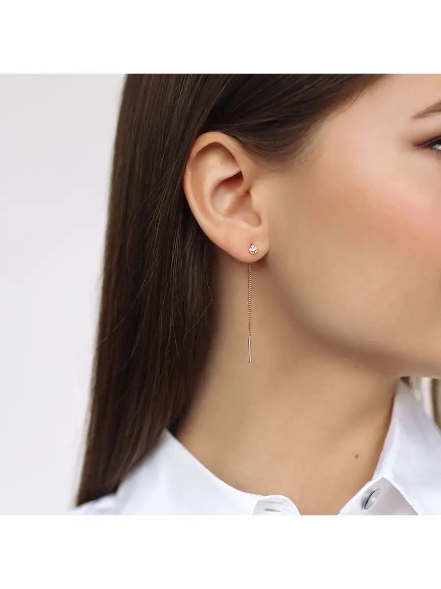 Серьги цепочки, серебро, 925 проба, золочение, фианит