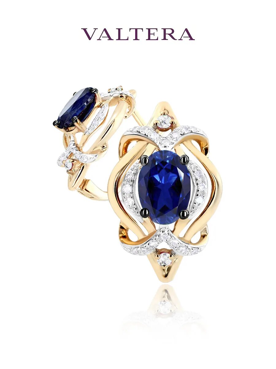Серьги VALTERA, серебро, 925 проба, родирование, фианит, , золотистый, бесцветный, синий — фото 1