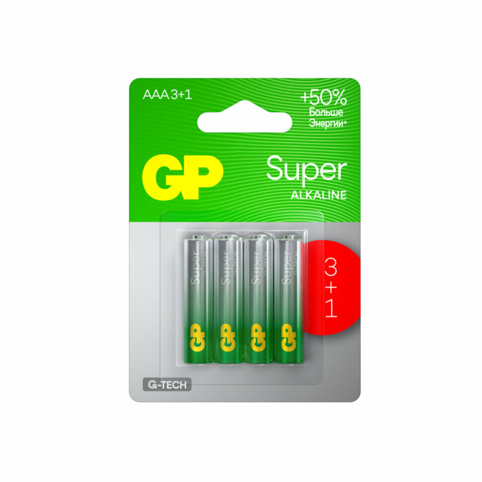 Батарейки комплект 4 шт, GP Super G-Tech, AAA (LR03,24А), алкалиновые, мизинчиковые, промо 3+1, 24A3/1-2CR4, 455921