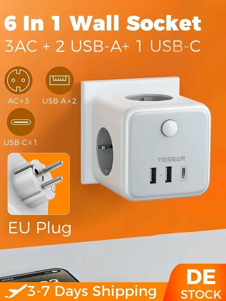 Xiaomi YouPin TESSAN 6-в-1 с 3 розетками, несколькими вилками с 2 разъемами type C и 1 портом USB, с выключателем, подходит для настенных розеток на кухне и в офисе