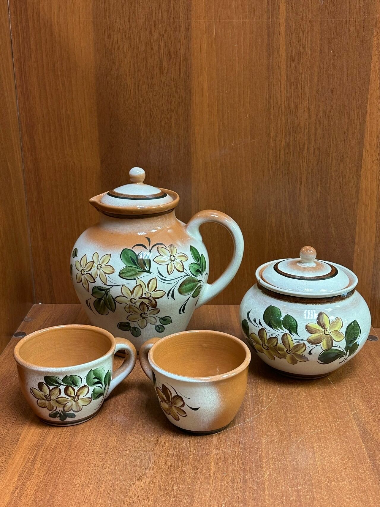 Чайник, Сахарница и 2 чашки Обливная Керамика ЗХИ Кунгур СССР