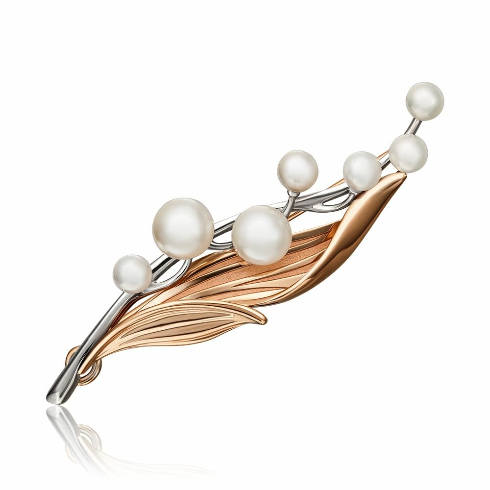 Брошь, комбинированное золото, 585 проба, родирование, жемчуг культивированный