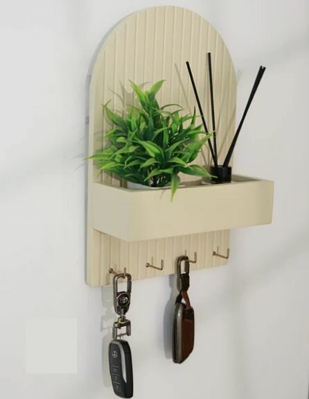 Настенная ключница с полкой, стиль Бохо, бежевая , МДФ, 34 см х 23 см