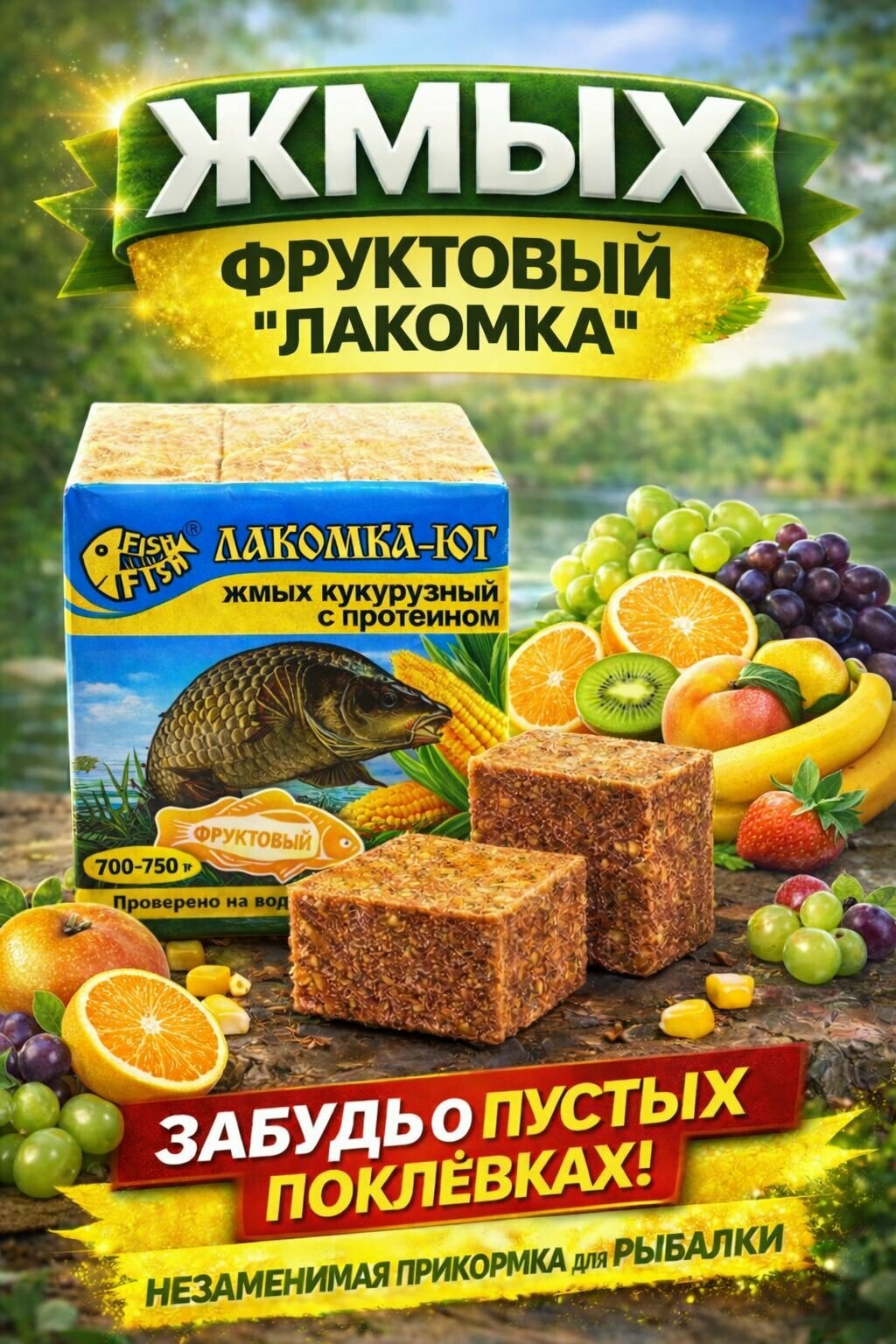 Жмых кукурузный с протеином Лакомка - "Фруктовый" 20 кубиков, кукурузный с протеином, прикормка для карпа и карася