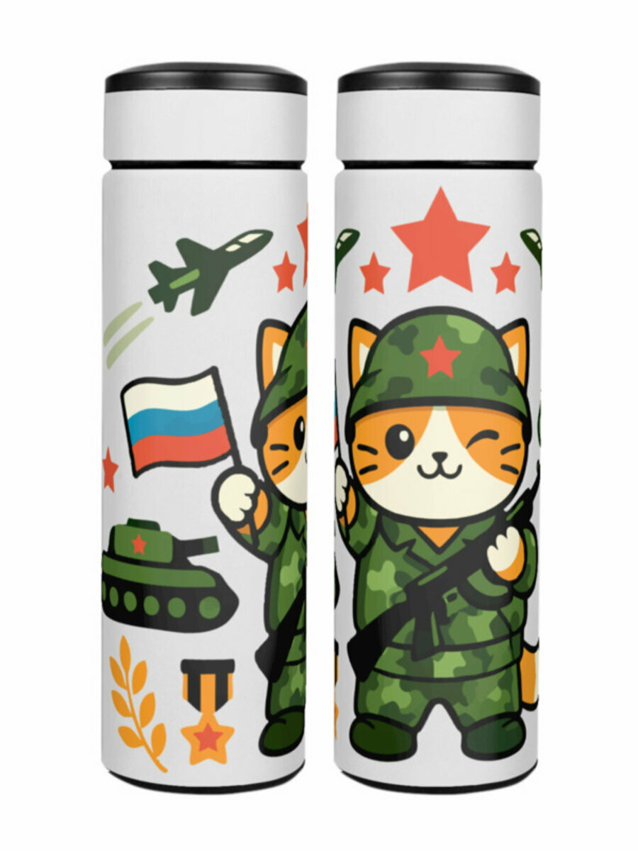 Термос «котик военный» (белый)