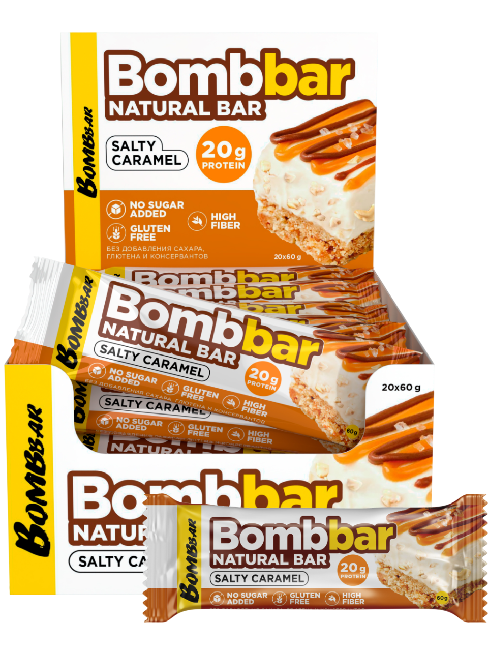 Протеиновый батончик BombBar Protein Bar 20 x 60 г, Соленая карамель
