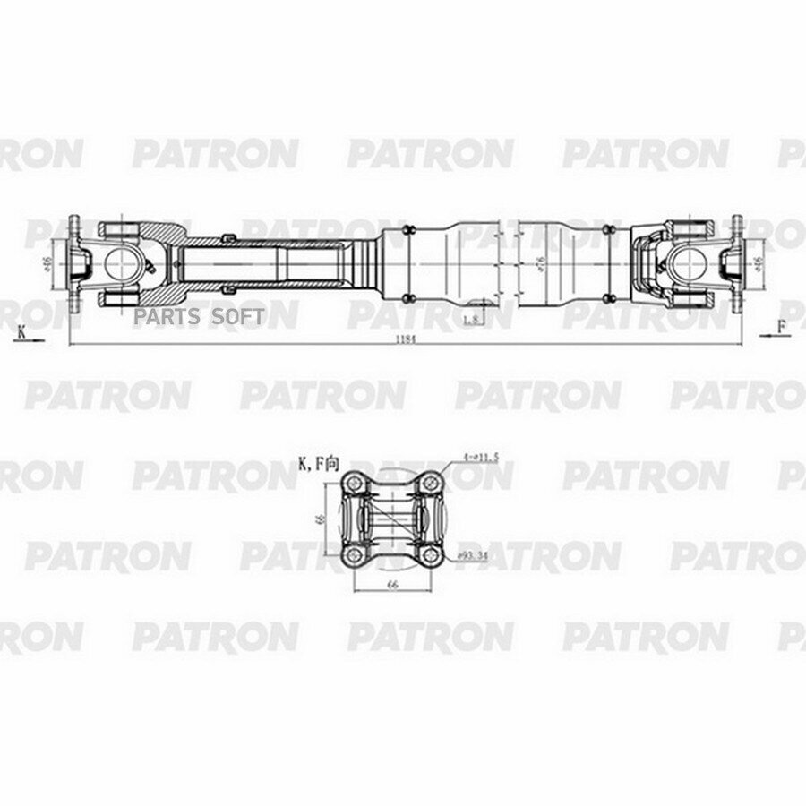 Вал карданный (L=1184 мм.) TOYOTA: Land Cruiser (120/150) Prado 2009-, Hilux 2005-2015, 4 Runner/Hilux Surf 1995- от официального дистрибьютора, PATRON, артикул PKR037